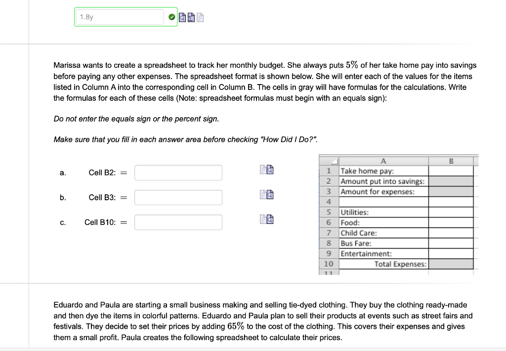 Solved 1 8y Marissa Wants To Create A Spreadsheet To Track Chegg