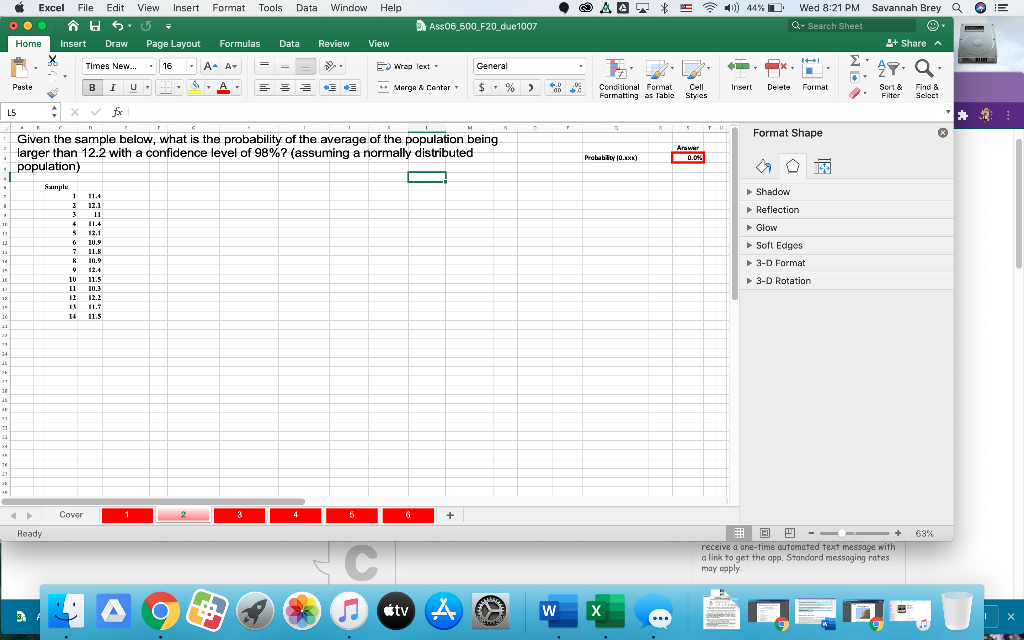 Solved Format Tools Data Window Help 1) 44% Excel File Edit | Chegg.com