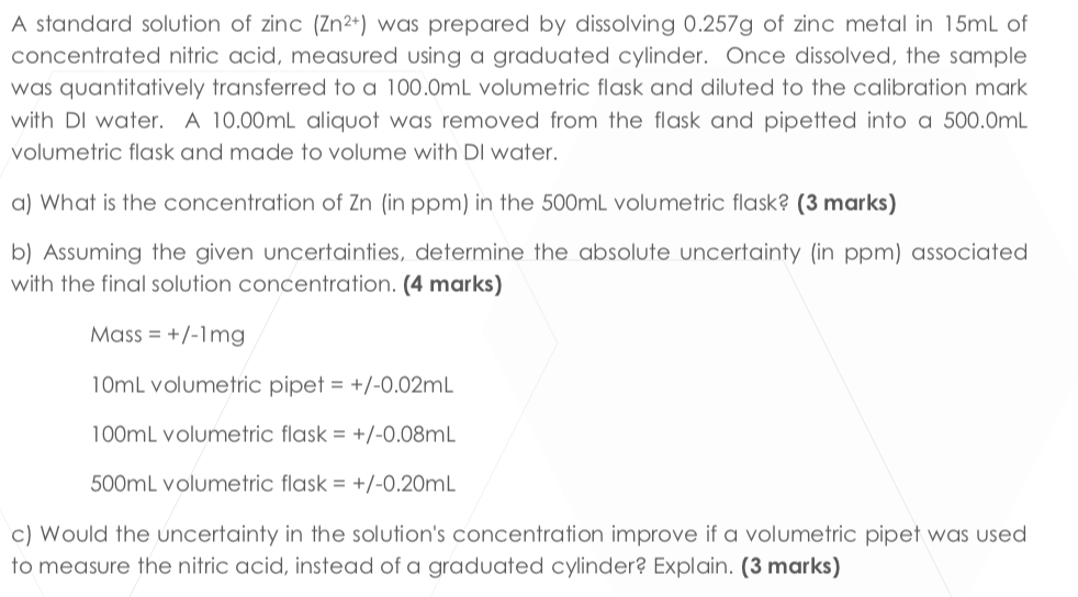 Solved A standard solution of zinc (Zn*)was prepared by | Chegg.com