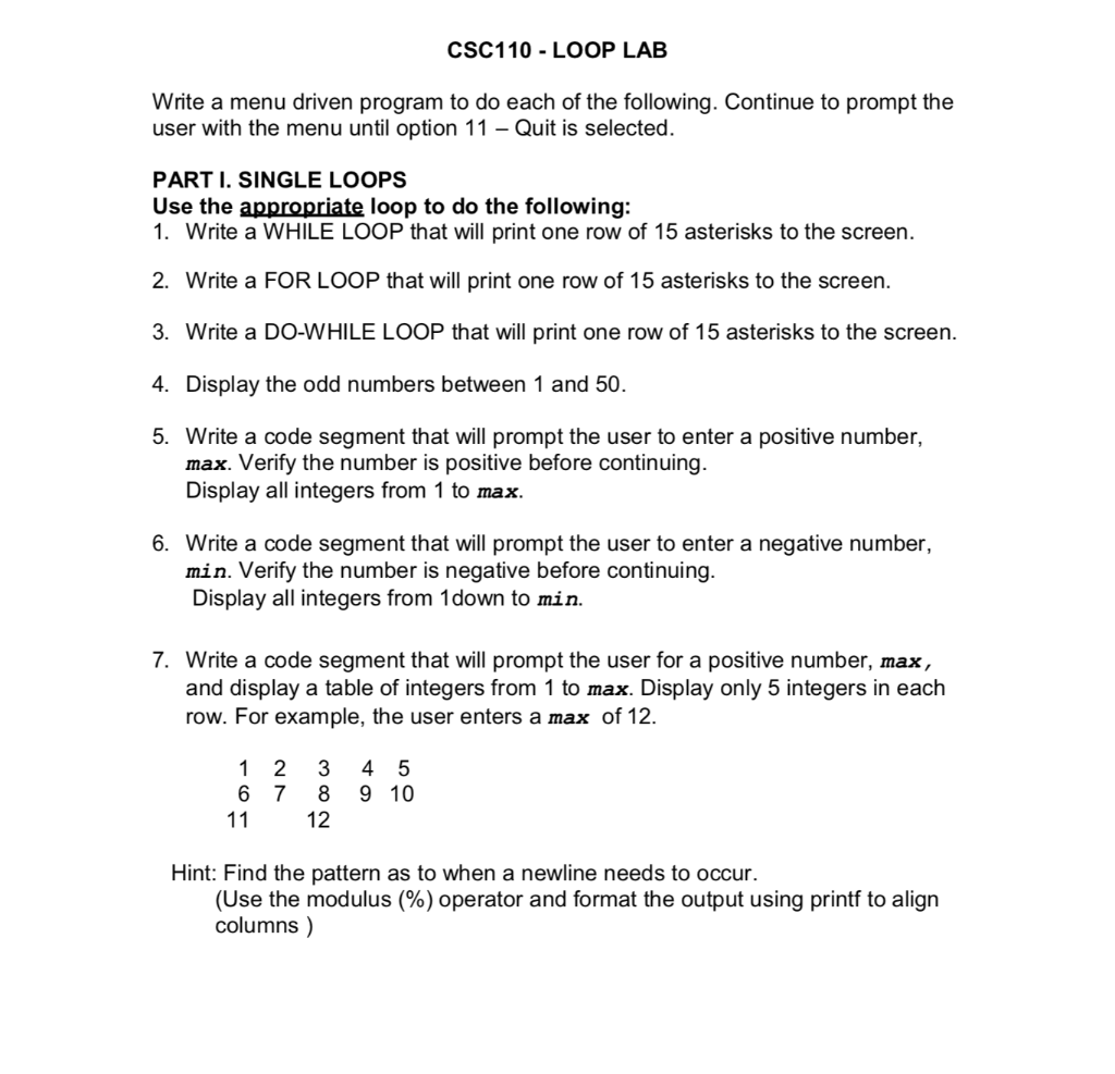 Solved CSC110- LOOP LAB I have a loop (repetition) lab. I | Chegg.com