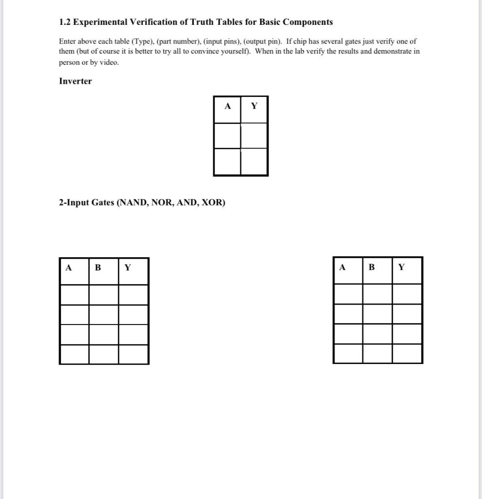 Solved 1.2 Experimental Verification of Truth Tables for | Chegg.com