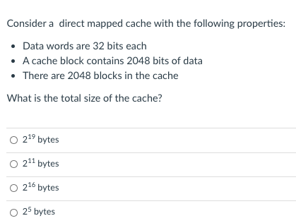 Solved Consider a direct mapped cache with the following | Chegg.com