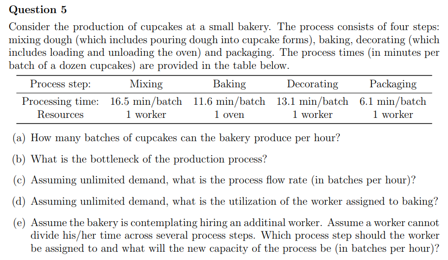 Solved Question 5 Consider the production of cupcakes at a | Chegg.com