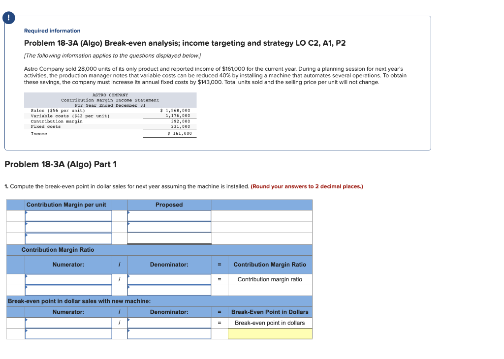 Solved Problem 18-3A (Algo) Break-even analysis; income | Chegg.com