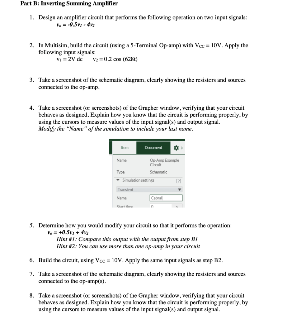 Solved Part B: Inverting Summing Amplifier 1. Design an | Chegg.com