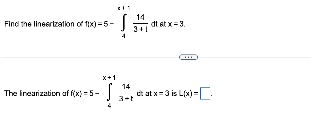 Solved Find the linearization of f(x)=5-∫4x+1143+tdt ﻿at | Chegg.com