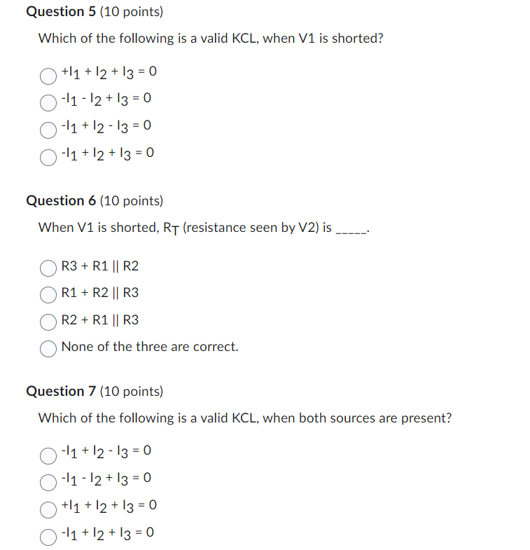 Solved Which of the following is a valid KCL, when V1 is | Chegg.com