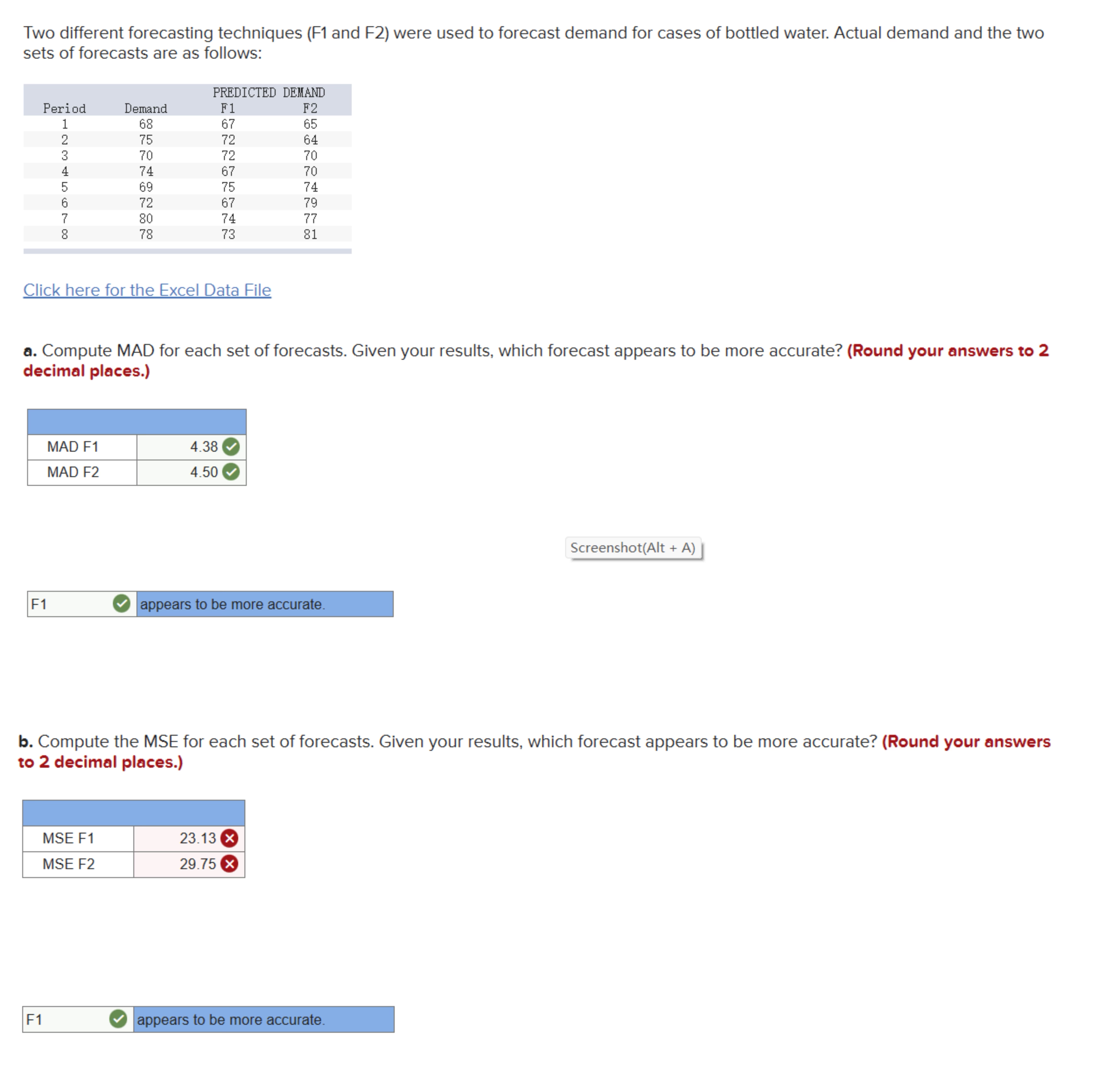 Solved Two different forecasting techniques ( F1 ﻿and F2 ) | Chegg.com