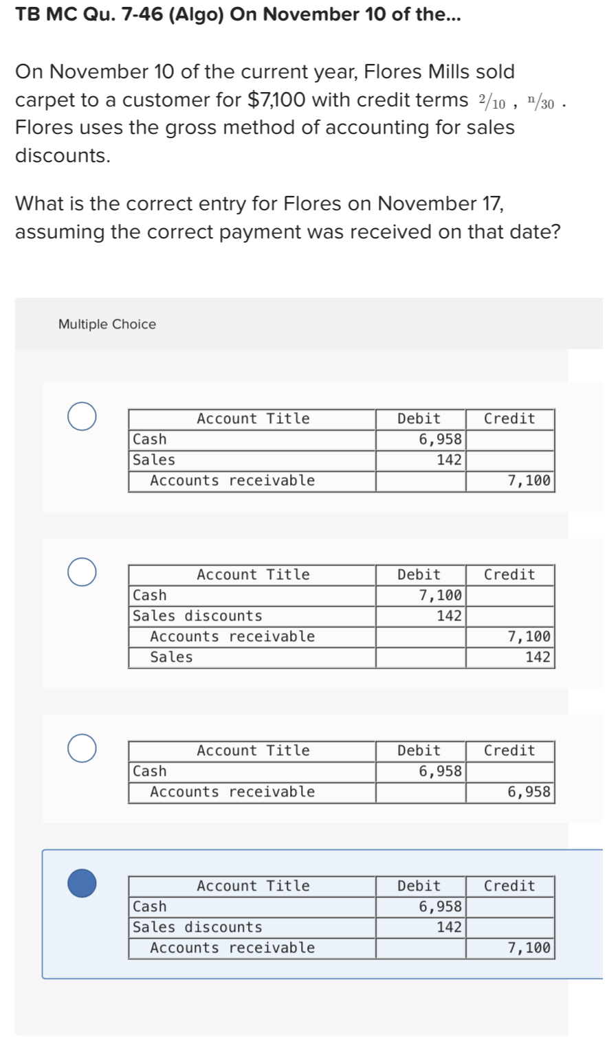 Solved TB MC Qu. 7-46 (Algo) On November 10 of the... On | Chegg.com