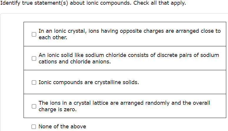 Solved fy true statement(s) about ionic compounds. Check all | Chegg.com