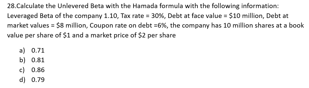 Solved 28.Calculate the Unlevered Beta with the Hamada | Chegg.com