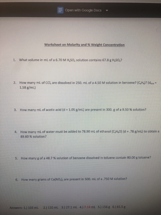 Solved Open with Google Docs Worksheet on Molarity and % | Chegg.com