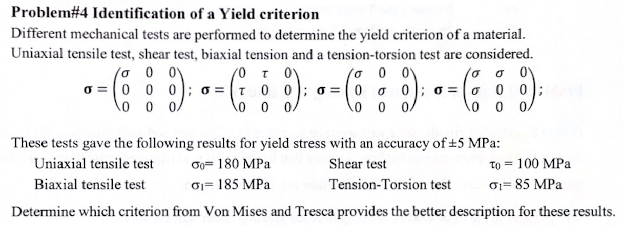 Solved Problem#4 Identification of a Yield criterion | Chegg.com
