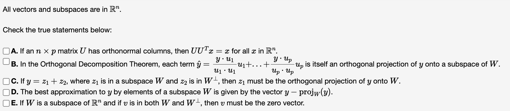 Solved All vectors and subspaces are in R”. Check the true | Chegg.com