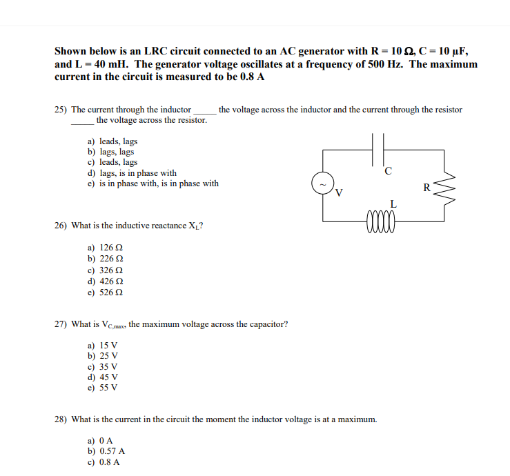 Solved Shown below is an LRC circuit connected to an AC | Chegg.com