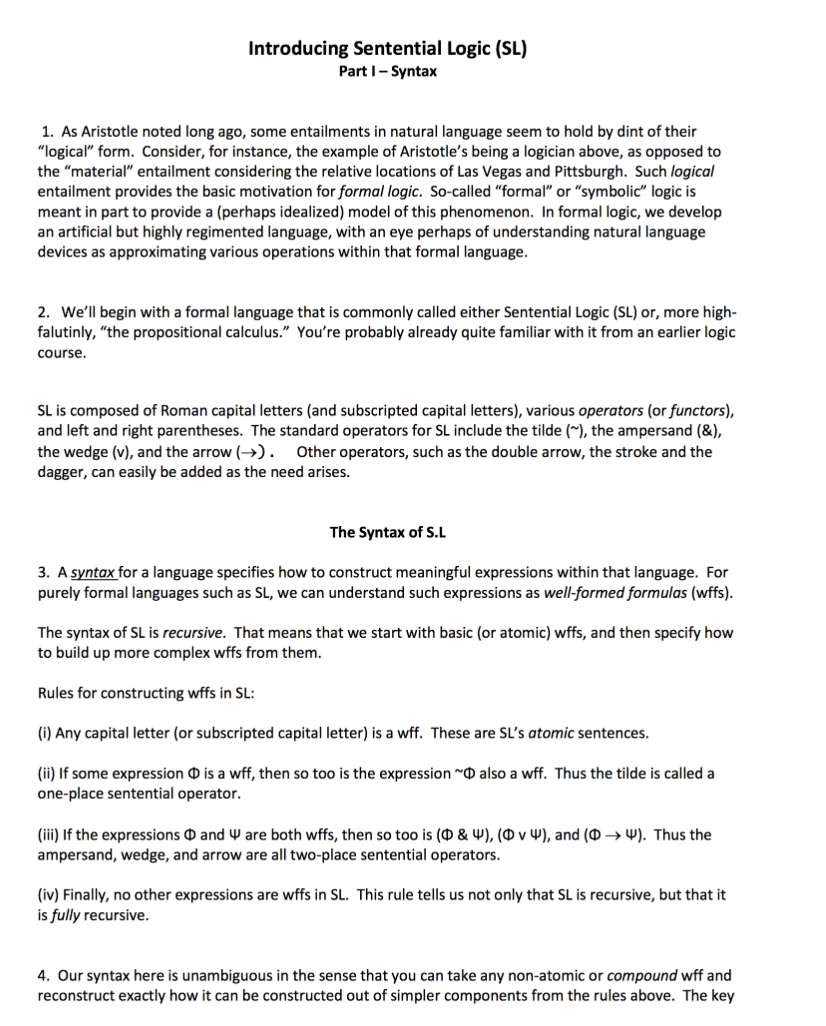 Introducing Sentential Logic (SL) Part 1 - Syntax 1. | Chegg.com