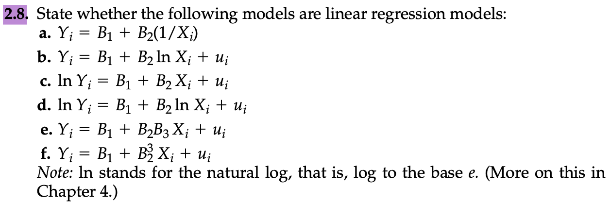 Solved 2.8. State whether the following models are linear | Chegg.com