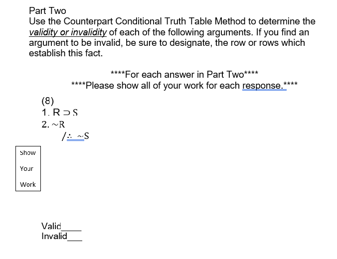 Solved Part Two Use the Counterpart Conditional Truth Table | Chegg.com