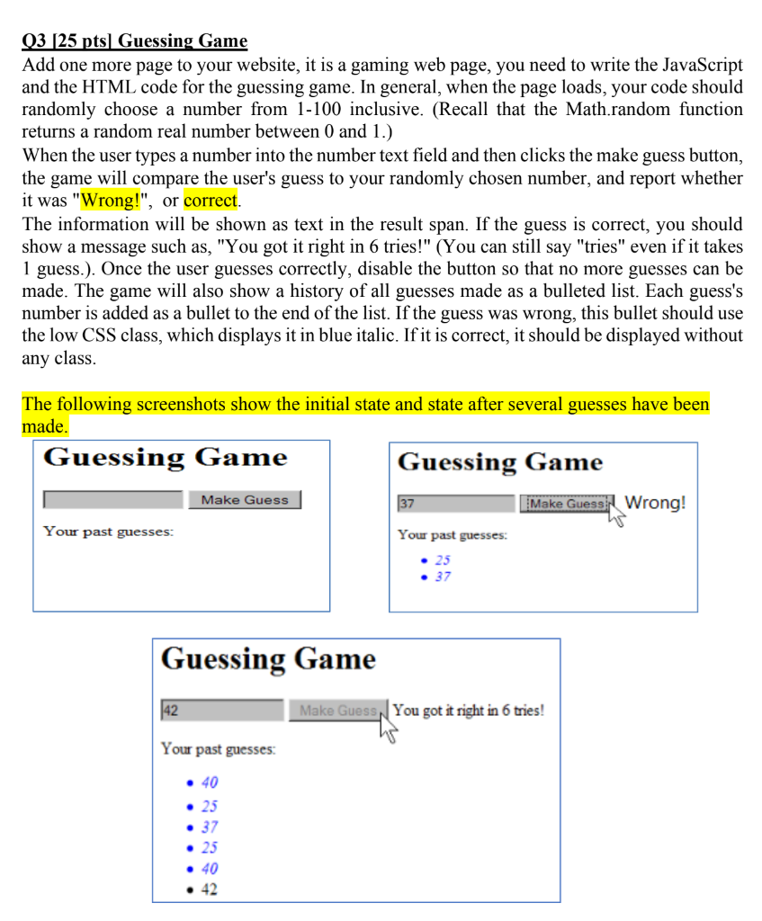 Solved 03 25 pts Guessing Game Add one more page to your | Chegg.com