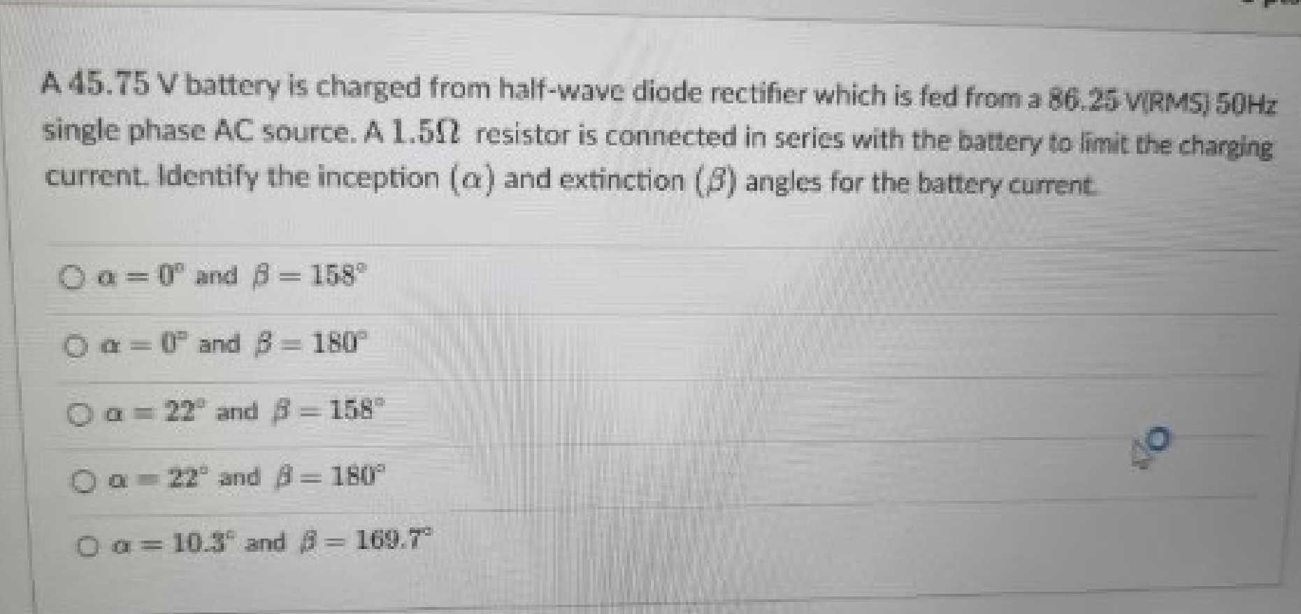 Solved A 45.75 V battery is charged from half-wave diode | Chegg.com