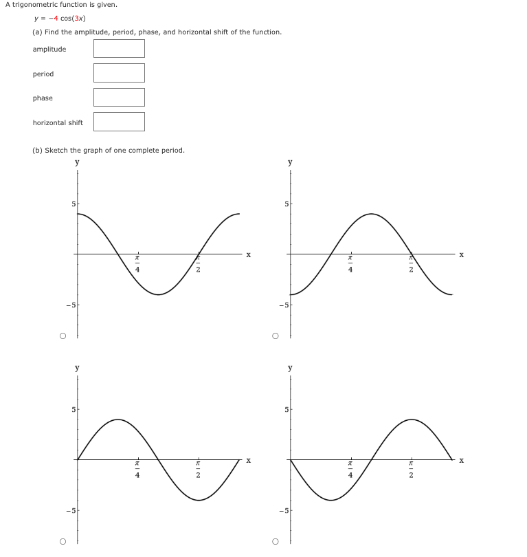 Solved A trigonometric function is given.y=-4cos(3x)(a) | Chegg.com