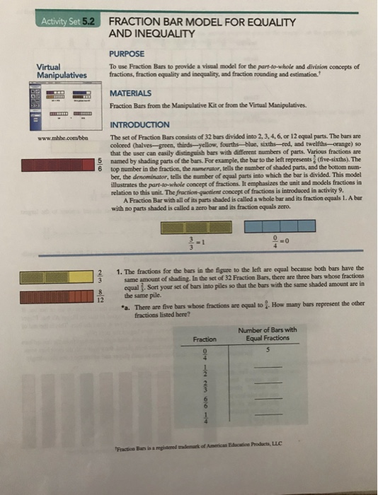Solved Activity Set 5.2 FRACTION BAR MODEL FOR EQUALITY AND | Chegg.com