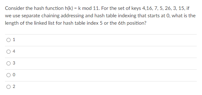 Solved Consider the hash function h(k)=k mod 11 . For the | Chegg.com