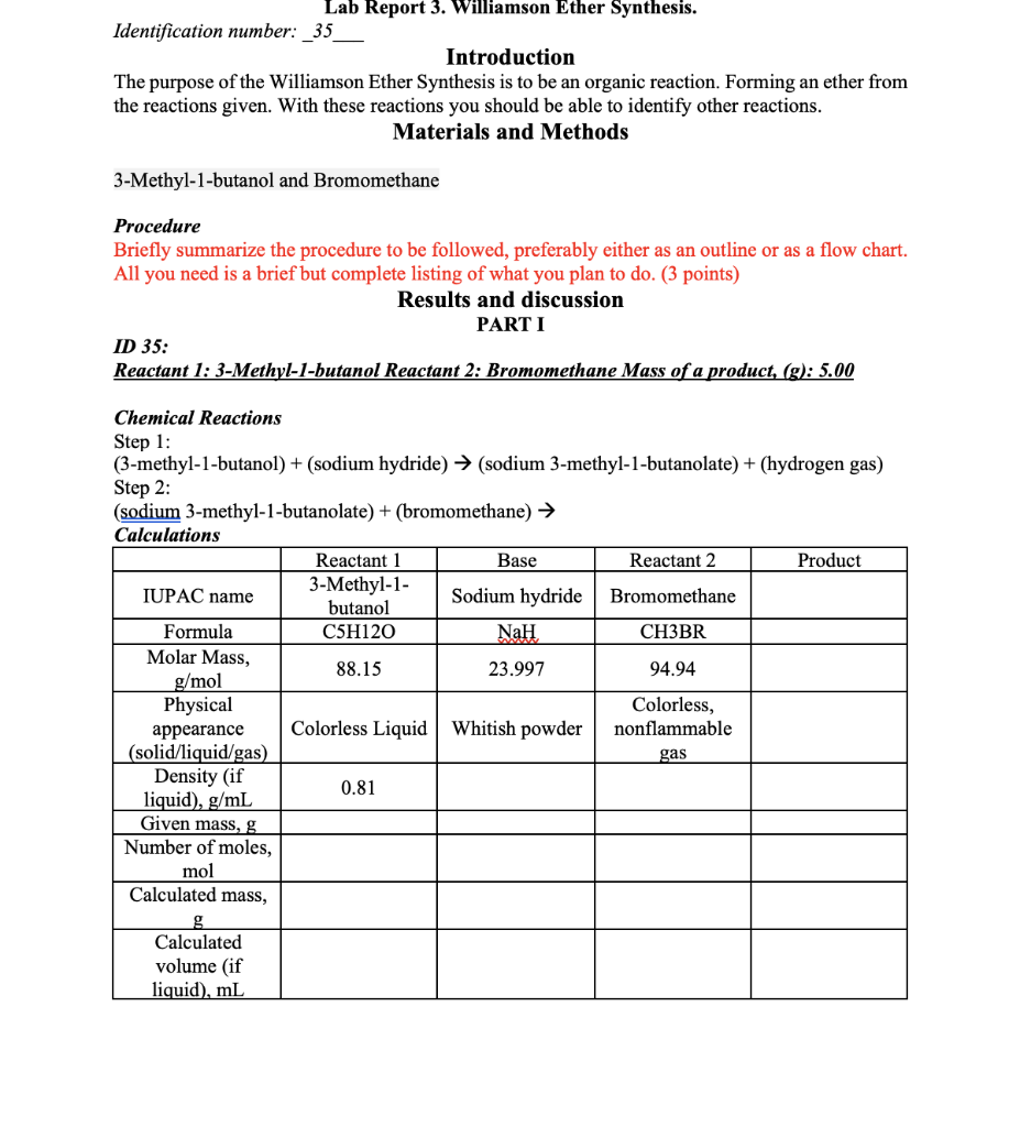 Solved Lab Report 3. Williamson Ether Synthesis. | Chegg.com