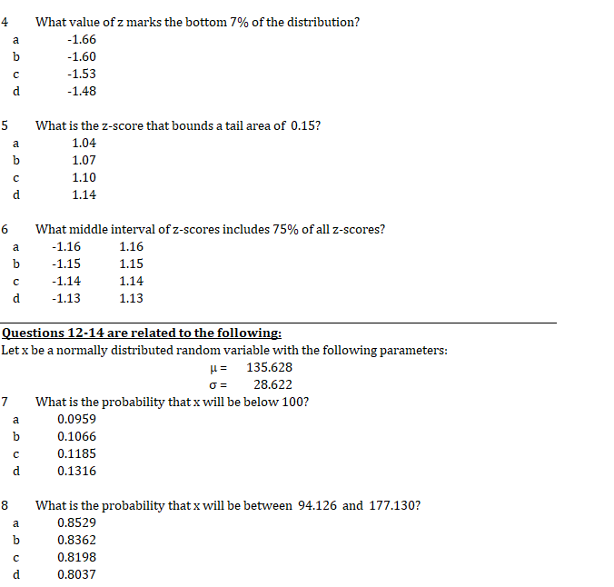Solved 4 a b c d What value of z marks the bottom 7% of | Chegg.com