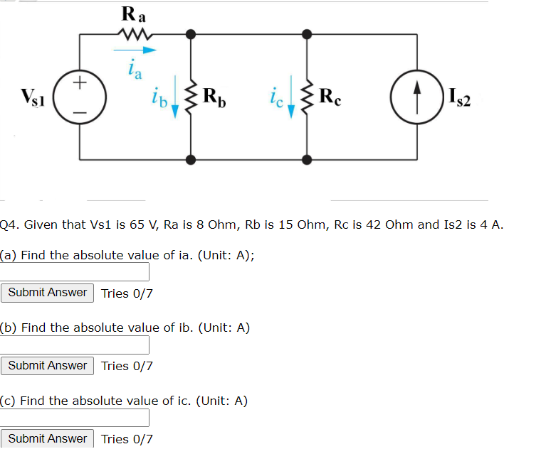 Solved Q4. Given that Vs1 is 65 V,Ra is 8Ohm,Rb is 15Ohm,Rc | Chegg.com