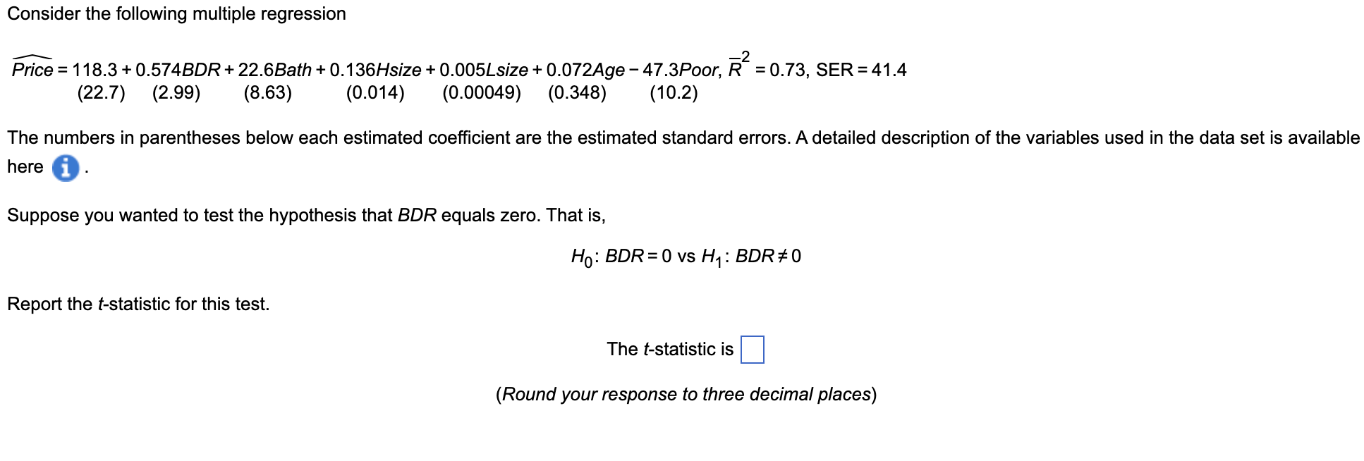 Solved Consider the following multiple regression Price = | Chegg.com