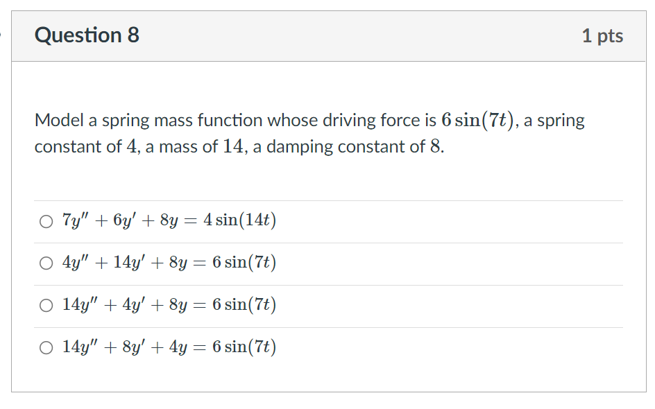 Solved Question 8 1 pts Model a spring mass function whose | Chegg.com
