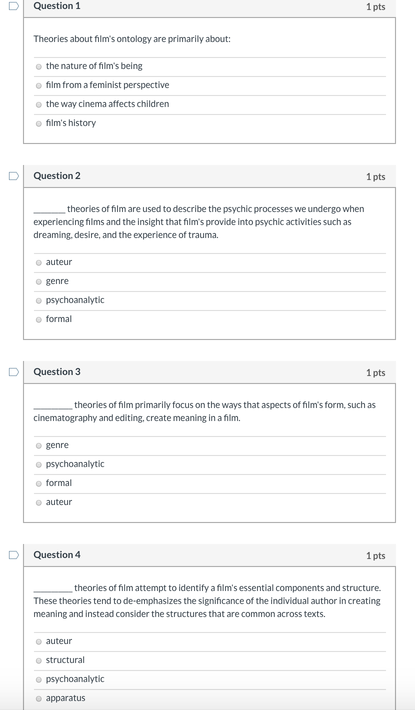 Solved Question 1 1 pts Theories about film's ontology are | Chegg.com