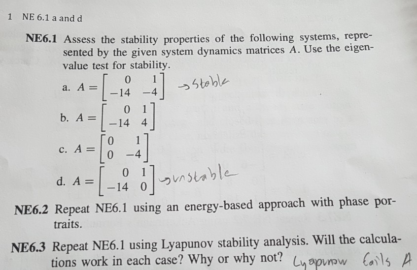 NE6.3 Repeat NE6.1 usıng Lyapunov stability analysis. | Chegg.com