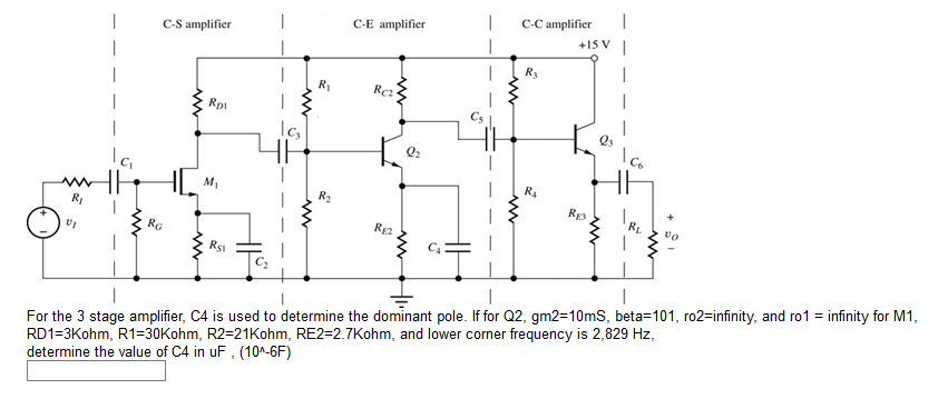 Solved C-S amplifier C-E amplifier C-C amplifier + 15 V1 - | Chegg.com