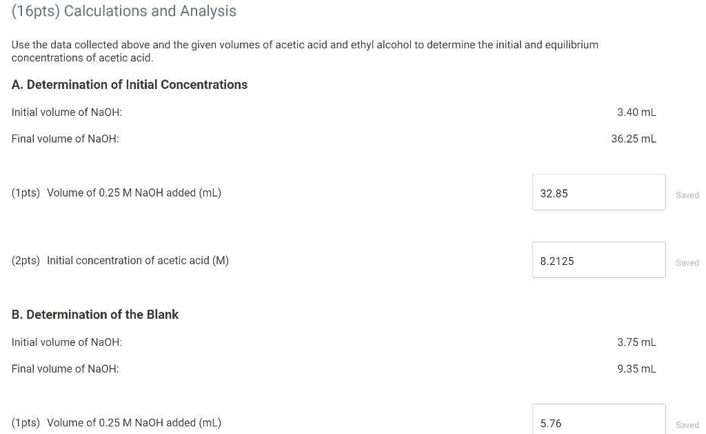 Solved (16pts) Calculations and Analysis Use the data | Chegg.com