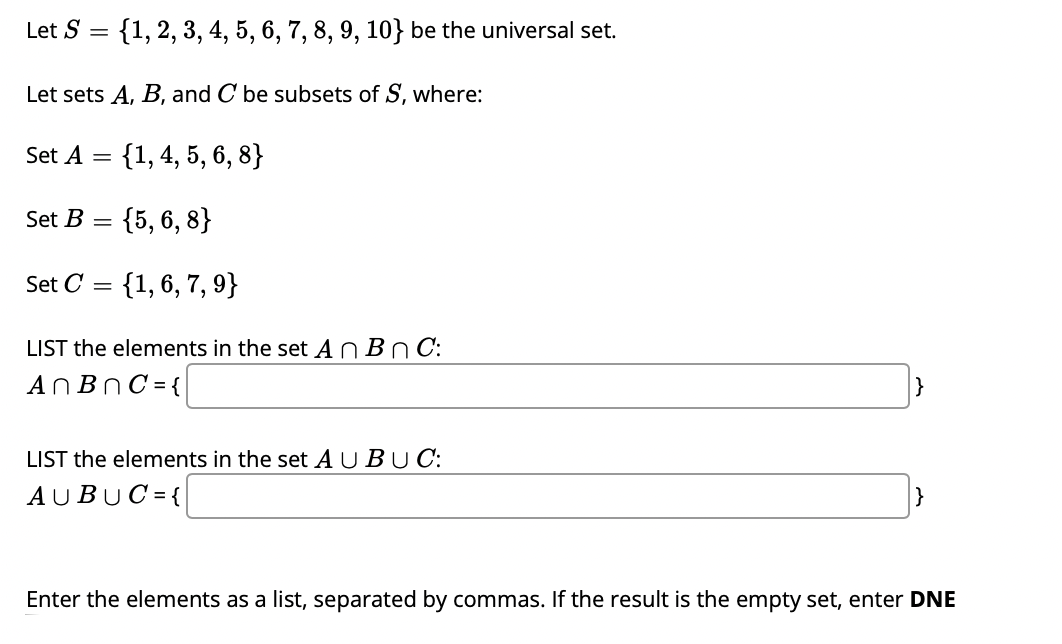 Solved Let S={1,2,3,4,5,6,7,8,9,10} be the universal set. | Chegg.com