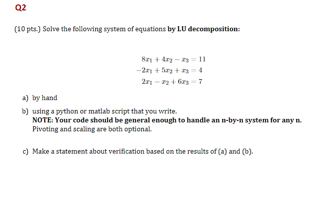 Solved Q2(10 ﻿pts.) ﻿Solve the following system of equations | Chegg.com