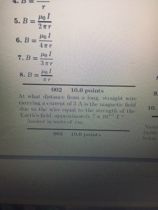 Solved B = mu_0 I/2 pi r B = mu_0 I/4 pi r B = mu_0 I/3 pi r | Chegg.com