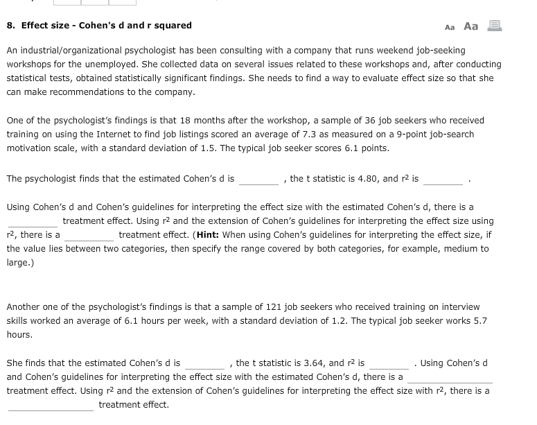 Solved 8. Effect size Cohen's d and r squared Aa Aa An | Chegg.com Solved 8. Effect size Cohen's d and r squared Aa Aa An | Chegg.com