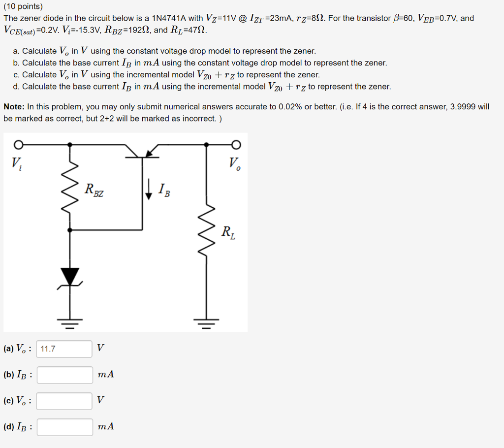 Solved (10 points) The zener diode in the circuit below is a | Chegg.com
