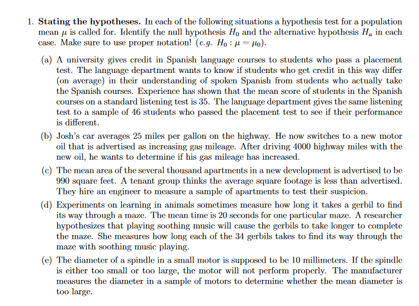 Solved 1. Stating the hypotheses. In each of the following | Chegg.com