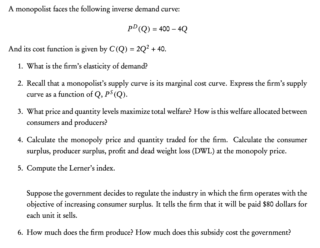 Solved A monopolist faces the following inverse demand | Chegg.com