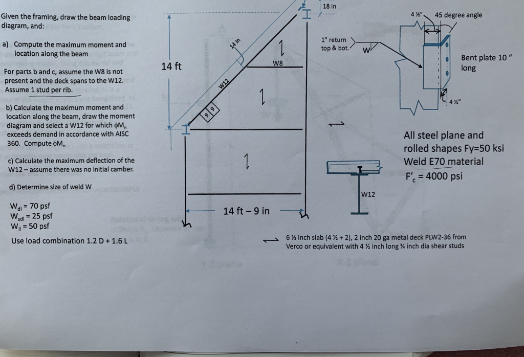 18 in 4%" 45 degree angle Given the framing, draw the | Chegg.com