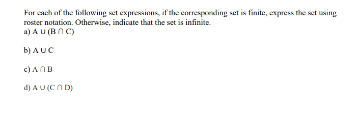 Solved For each of the following set expressions, if the | Chegg.com
