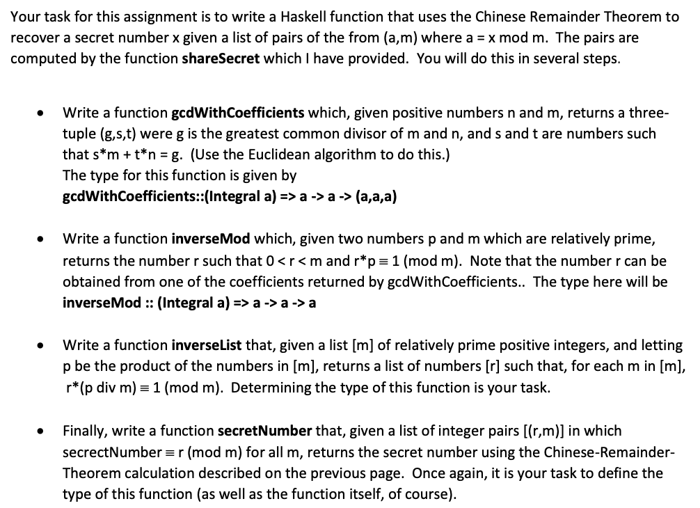 This assignment needs to be done in Haskel and the | Chegg.com