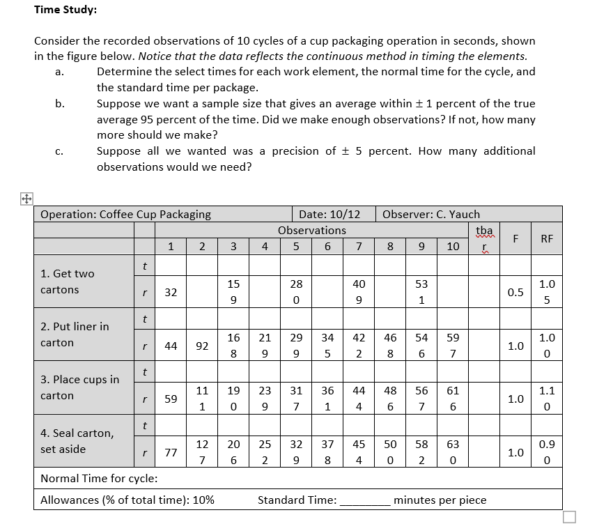 Solved Time Study: Consider the recorded observations of 10 | Chegg.com