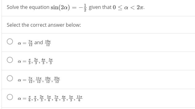 Solved Solve the equation sin(2a) = given that 0 | Chegg.com