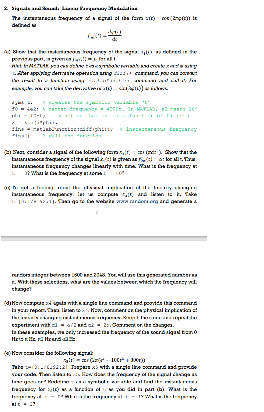 2. Signals and Sound: Linear Frequency Modulation The | Chegg.com