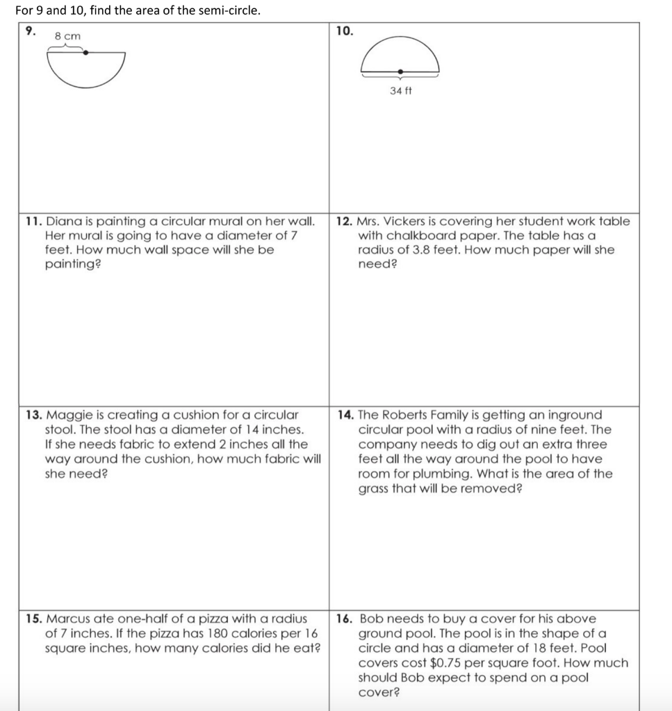 Solved For 9 and 10, find the area of the semi-circle. 9. | Chegg.com